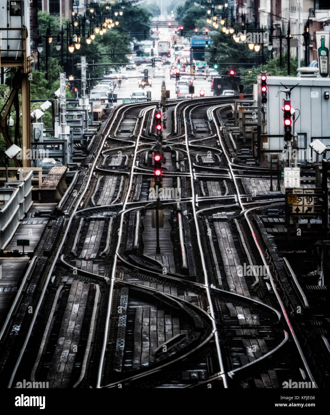 Elevated Train Tracks above the streets between buildings at The Loop ...