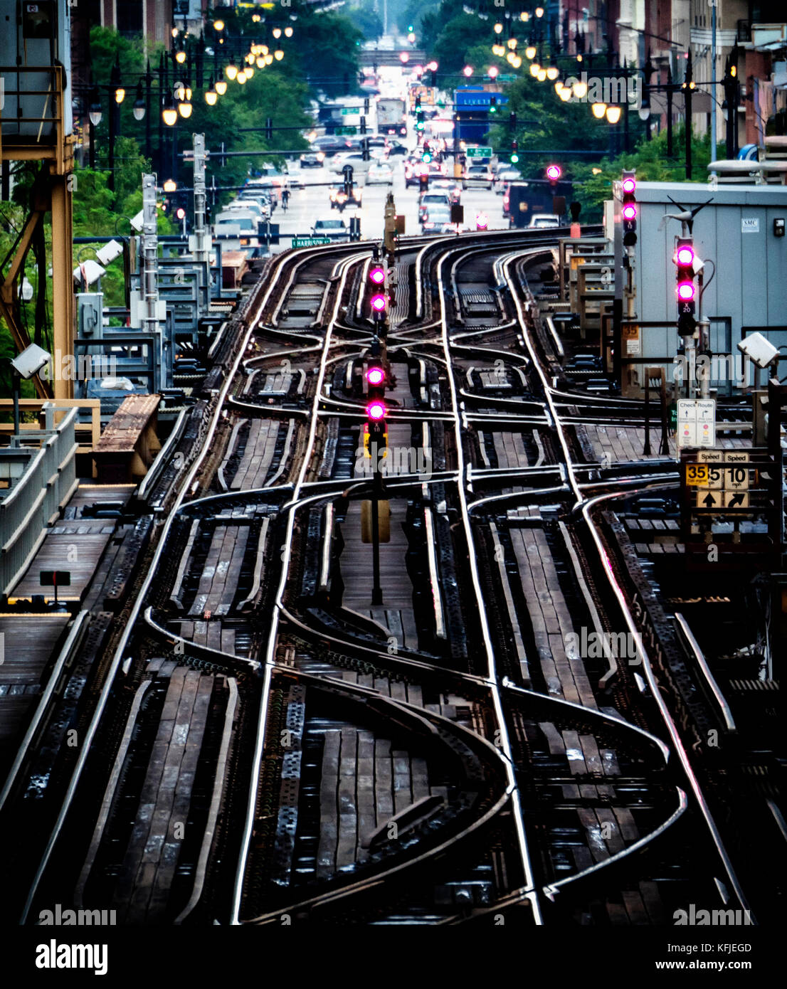 Elevated Train Tracks above the streets between buildings at The Loop ...