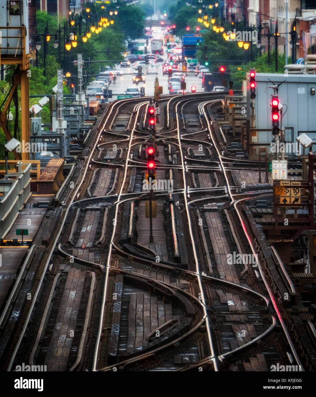 Elevated Train Tracks above the streets between buildings at The Loop ...