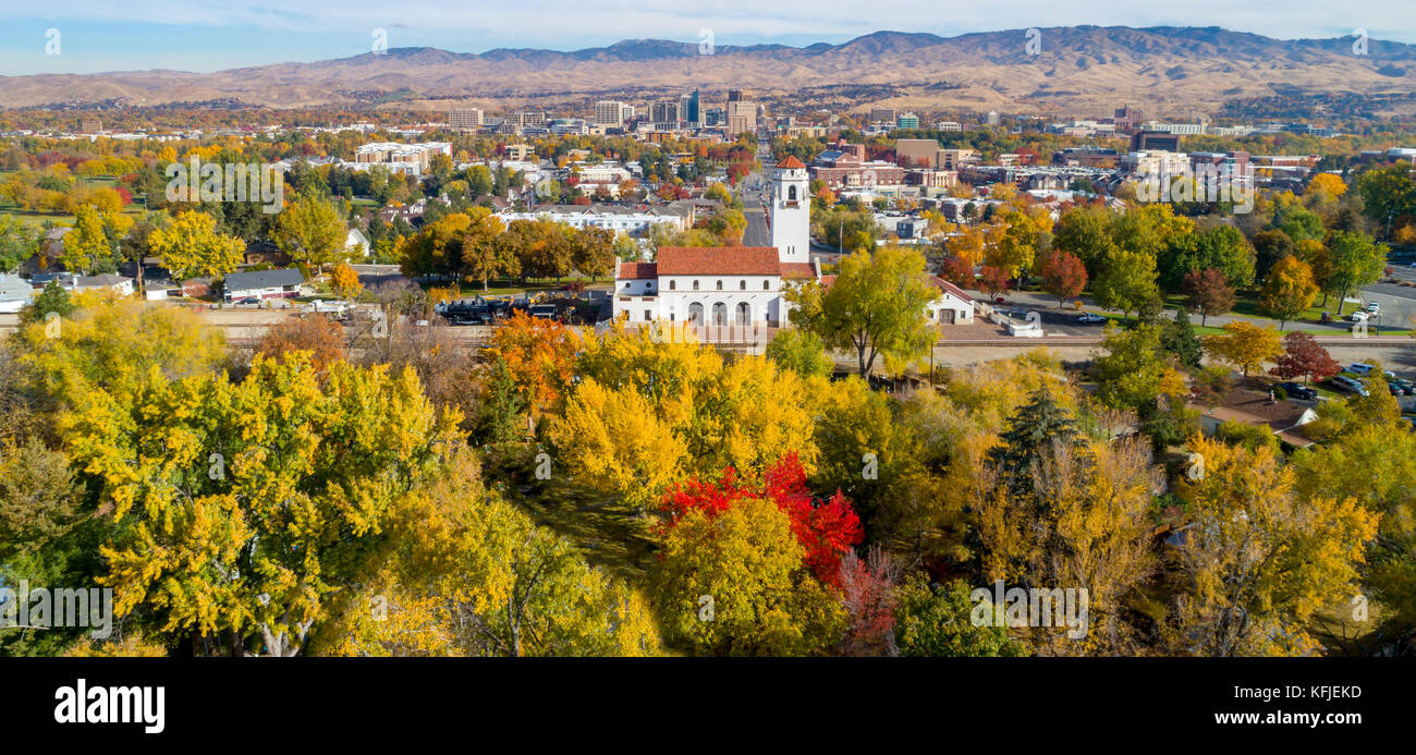 City of trees Boise in full fall color with depot and skyline Stock ...