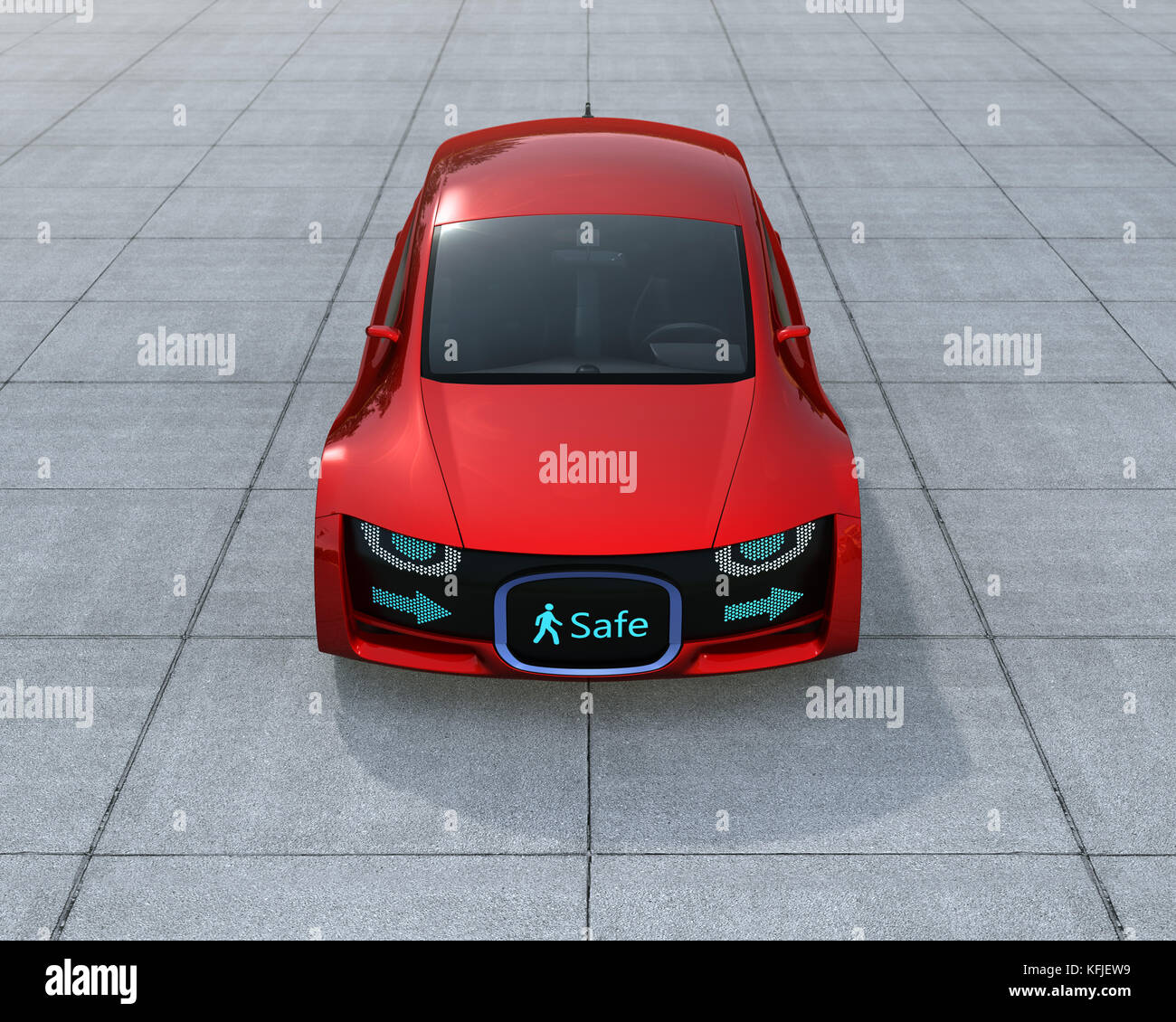 Self-driving car's front grille showing digital signage for pedestrian ...