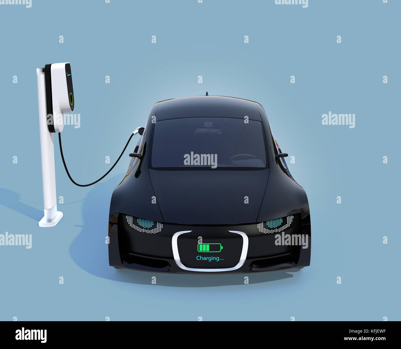 Electric car charging in charging station. Front grille with digital ...