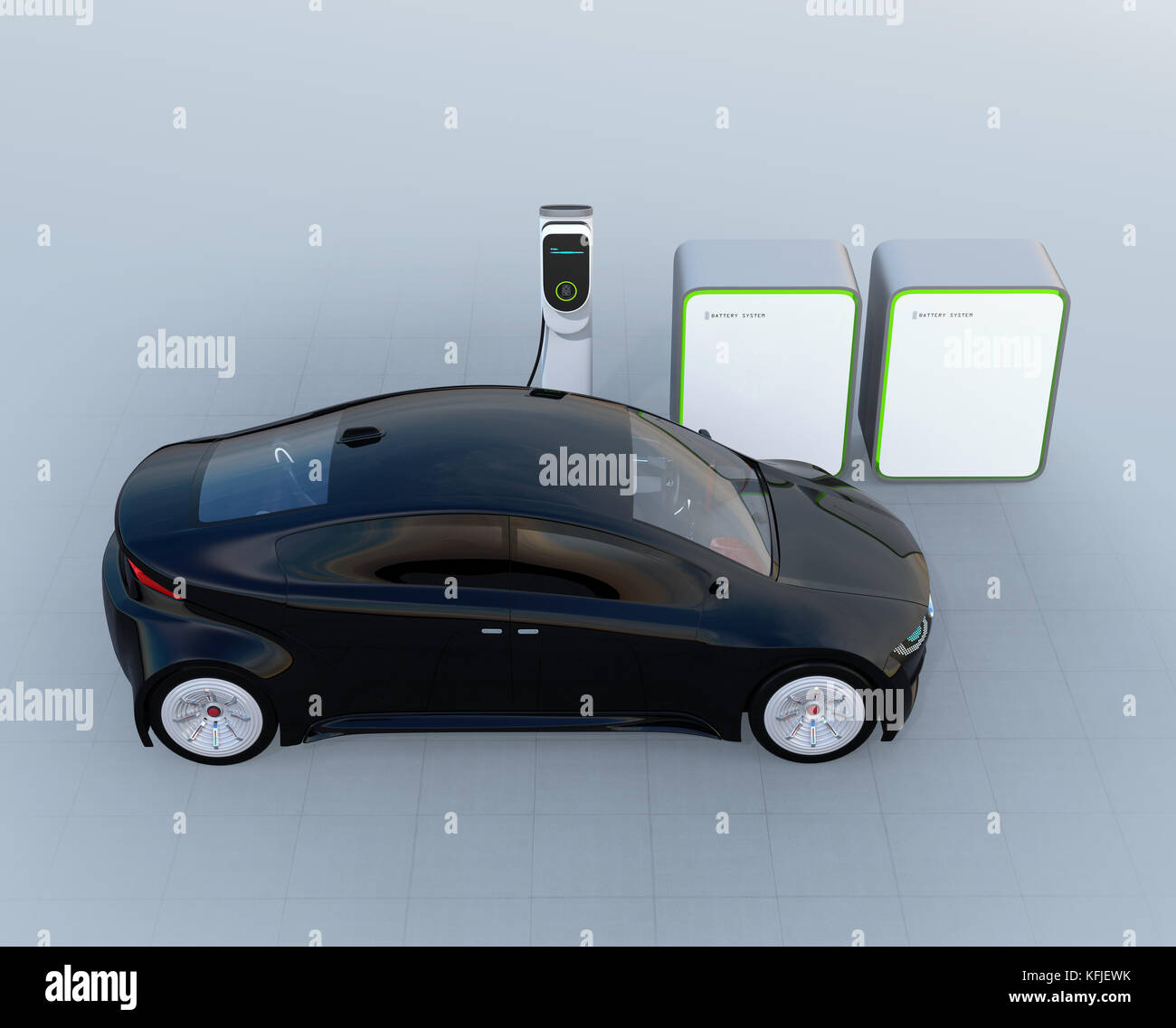 Electric car charging in charging station. Front grille with digital ...