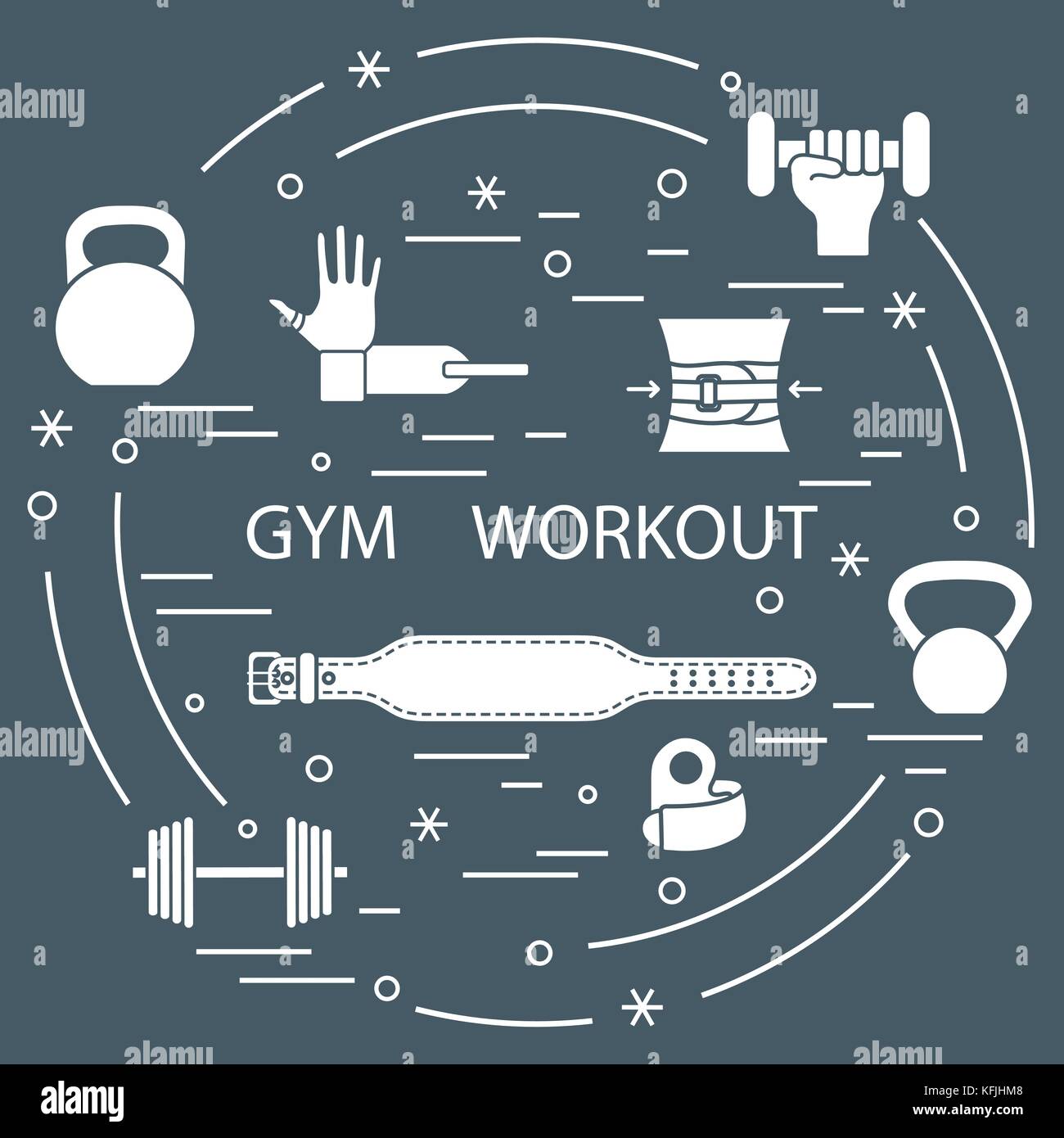 Powerlifting gym workout elements arranged in a circle. Template for ...