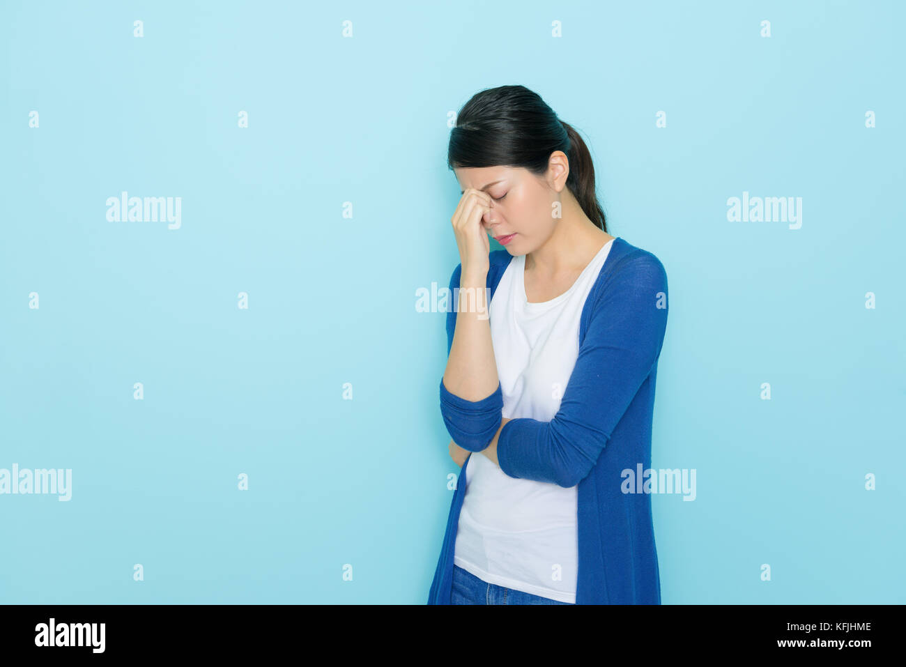 pretty beautiful woman having bad problem and thinking solution feeling ...