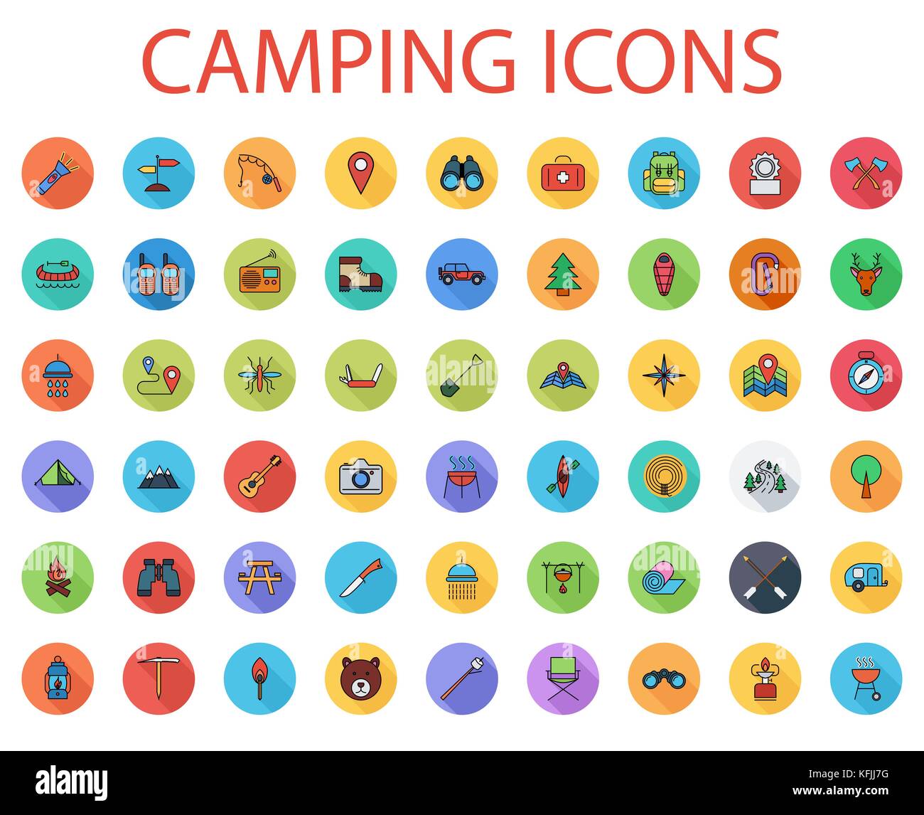 Camping icons set. Flat vector related icon set with long shadow for ...