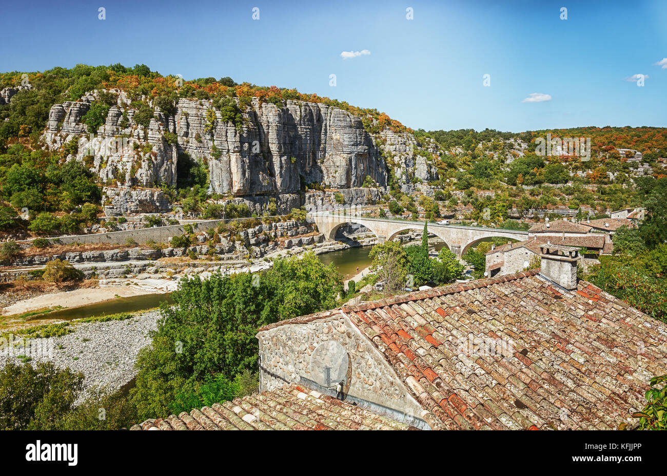 The bridge over the river Ardeche near the old village Balazuc which ...