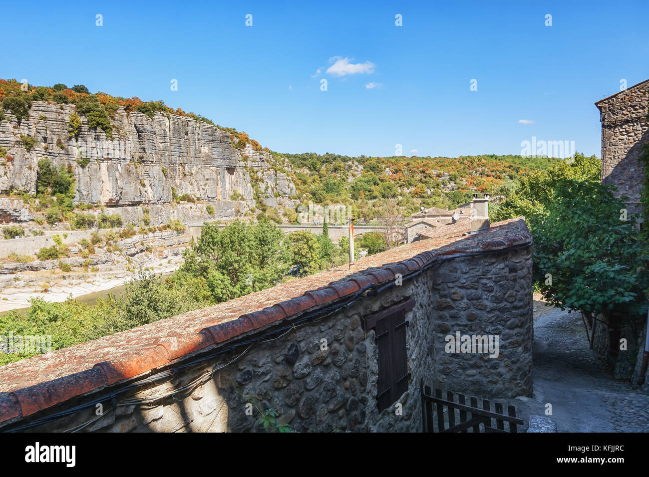 The bridge over the river Ardeche near the old village Balazuc which ...