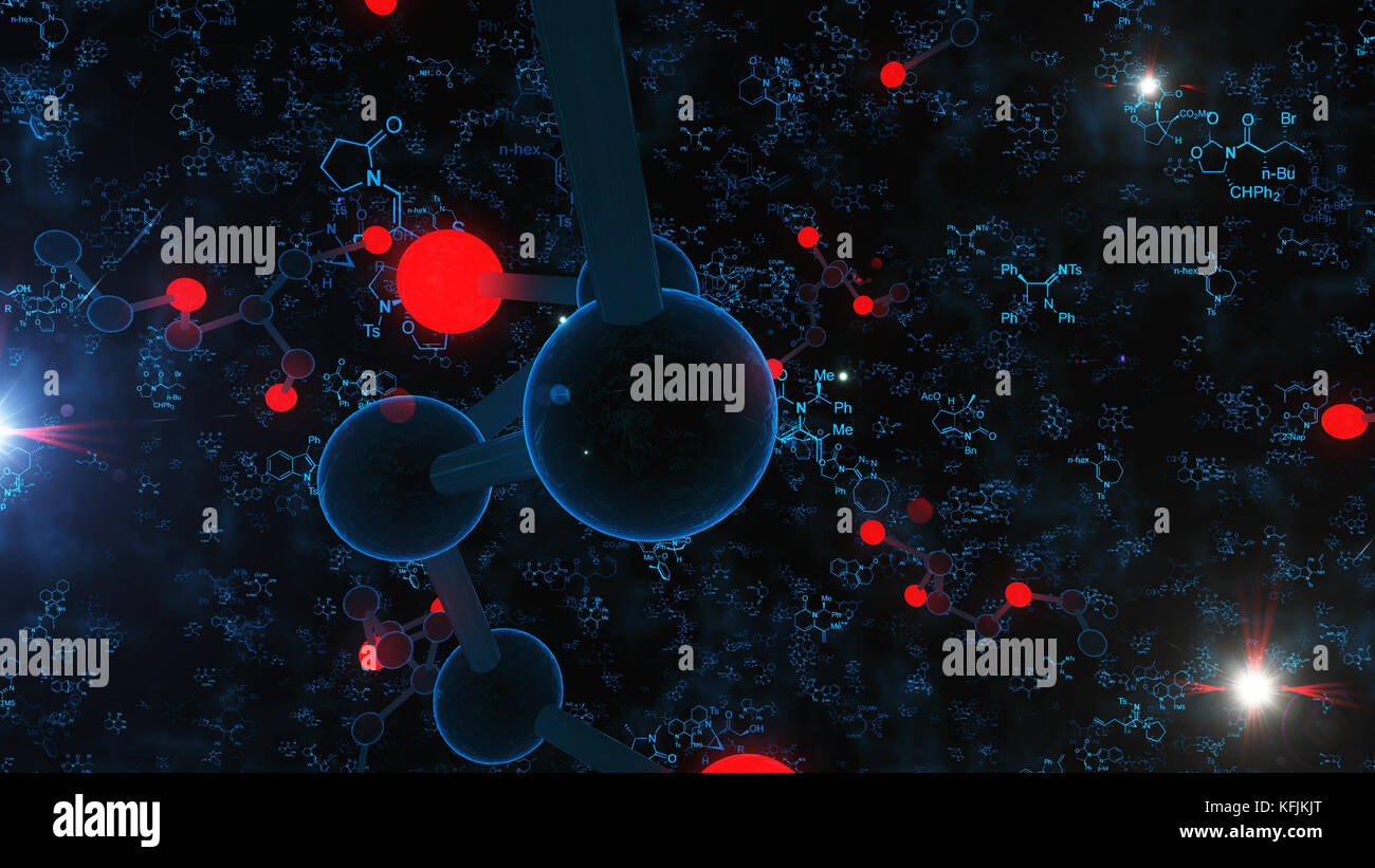 An amazing 3d illustration of black and red molecule structures on the ...