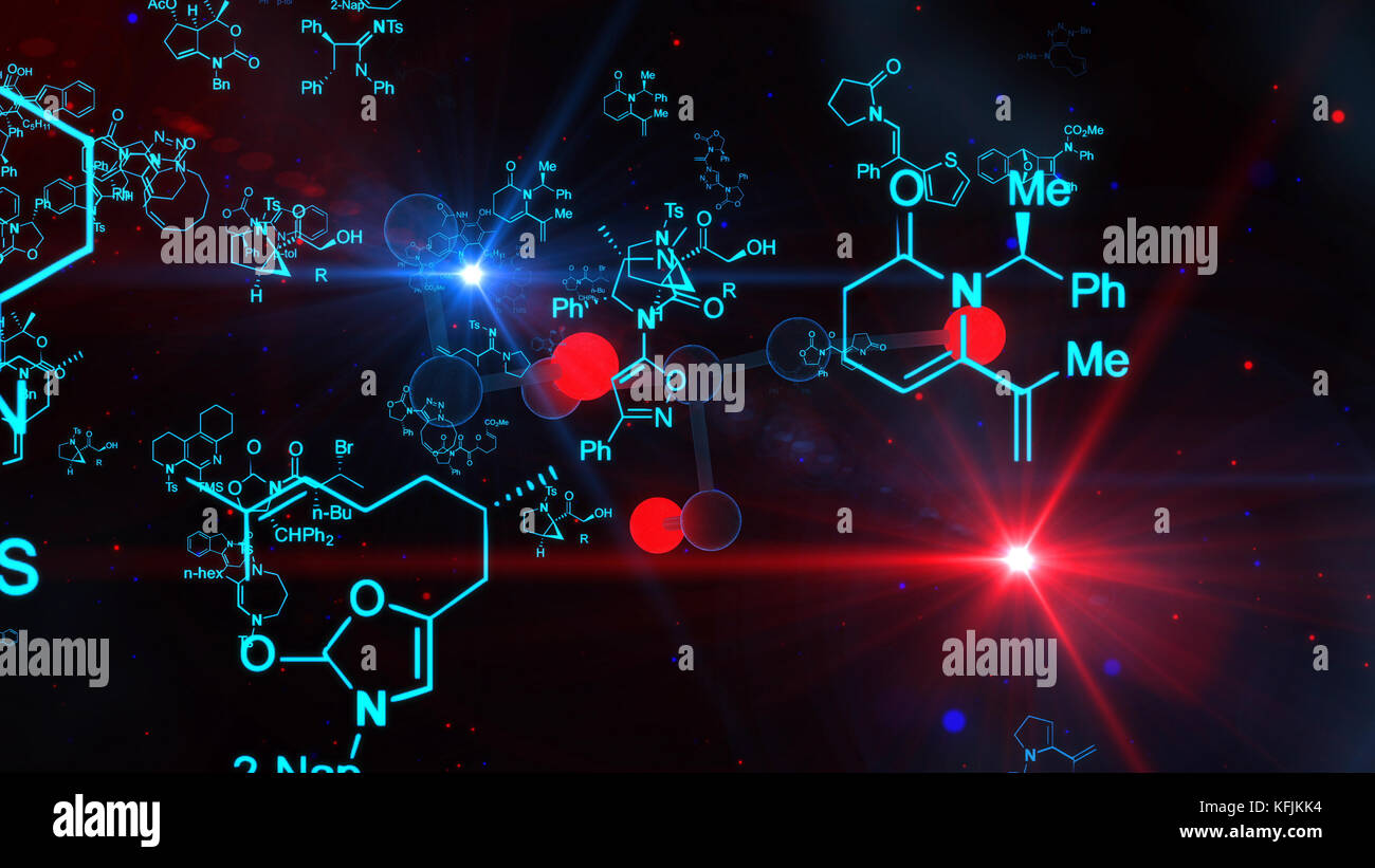 An exciting 3d illustration of black and red molecule structures on the ...