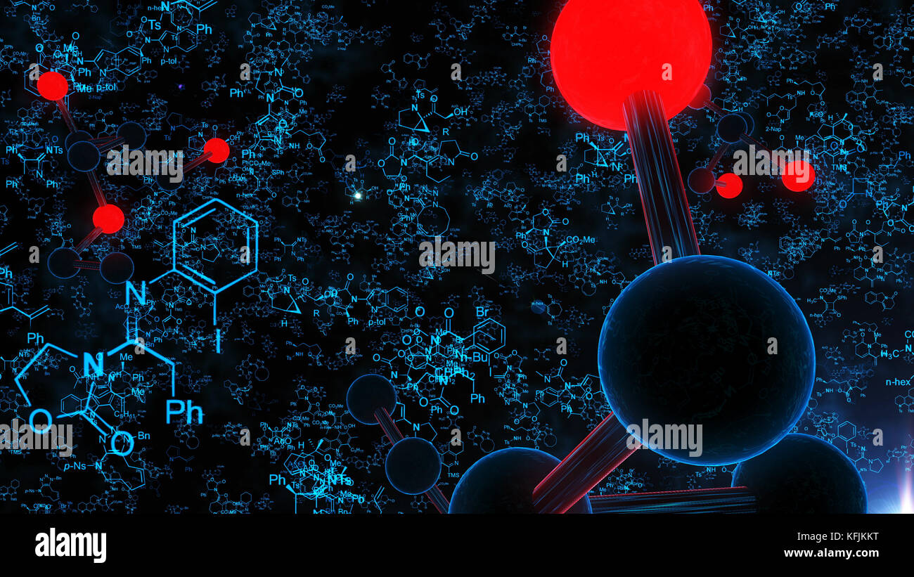 An advanced 3d illustration of big and small black and red molecule ...