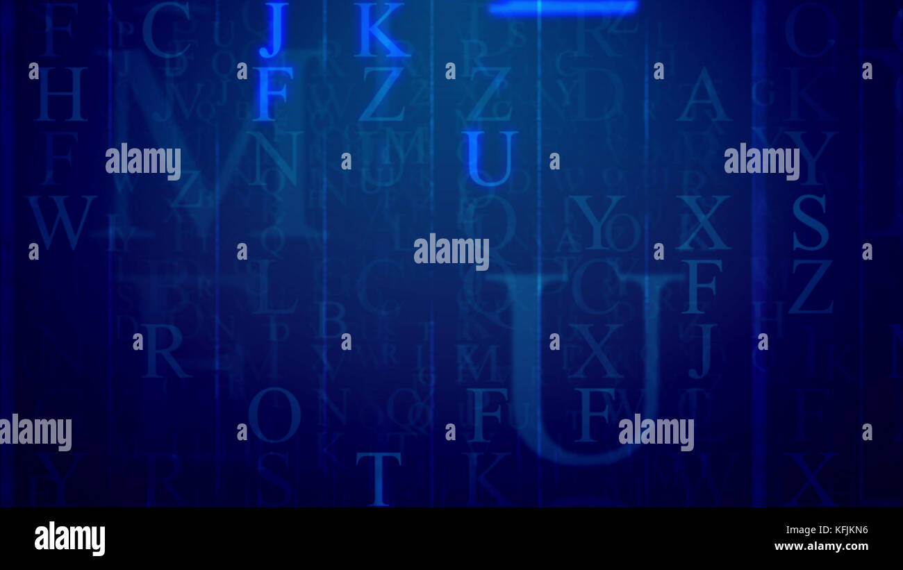 3d rendering of spinning Latin letters in the dark blue background. The ...