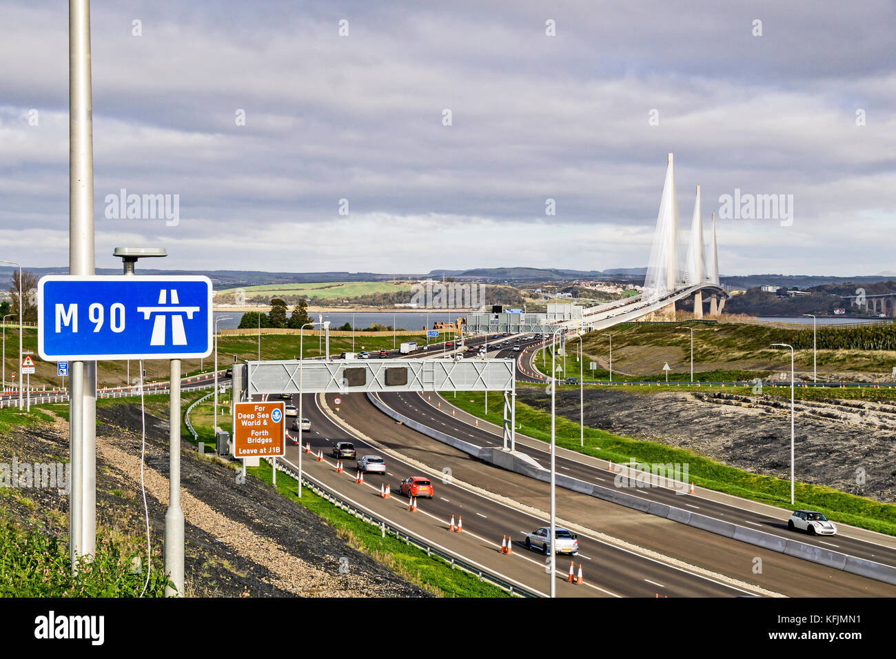M90 approach road to new bridge Queensferry Crossing spanning the Firth ...