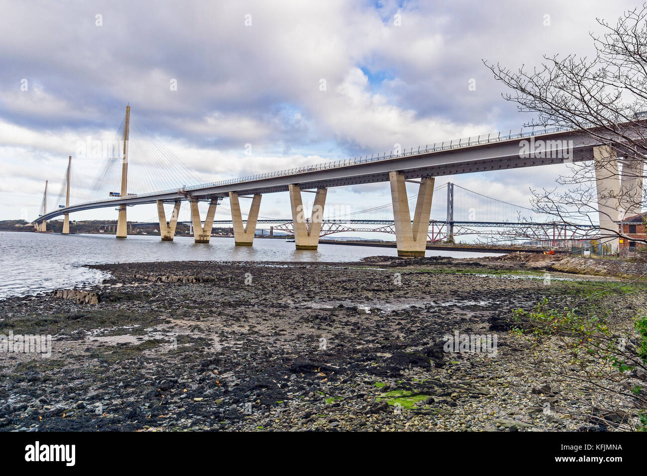 Completed road bridge Queensferry Crossing spanning the Firth of Forth ...