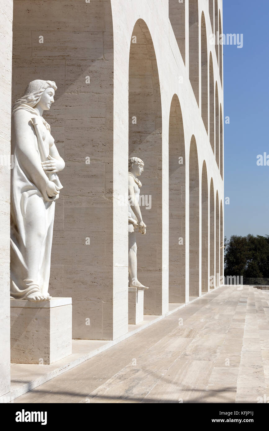 Classical statues surround the Palazzo della Civilta Italiana, known as ...