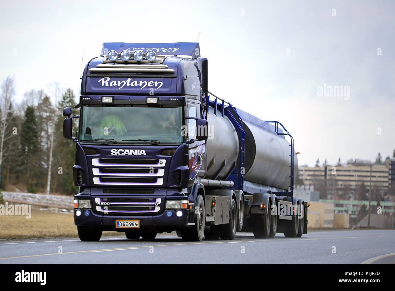 SALO, FINLAND - JANUARY 31, 2016: Purple Scania R500 tank truck for ...