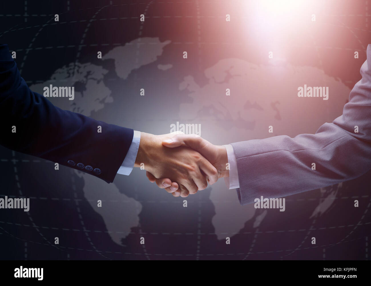 Handshake with map of the world in background Stock Photo - Alamy
