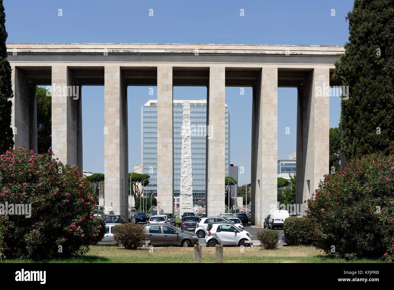 The colonnaded Porch that leads to Piazza Marconi and the Obelisk in ...