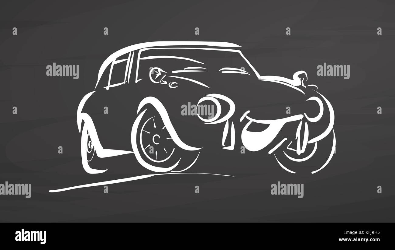 Happy car on chalkboard. Handdrawn vector sketch, clean outlines ...