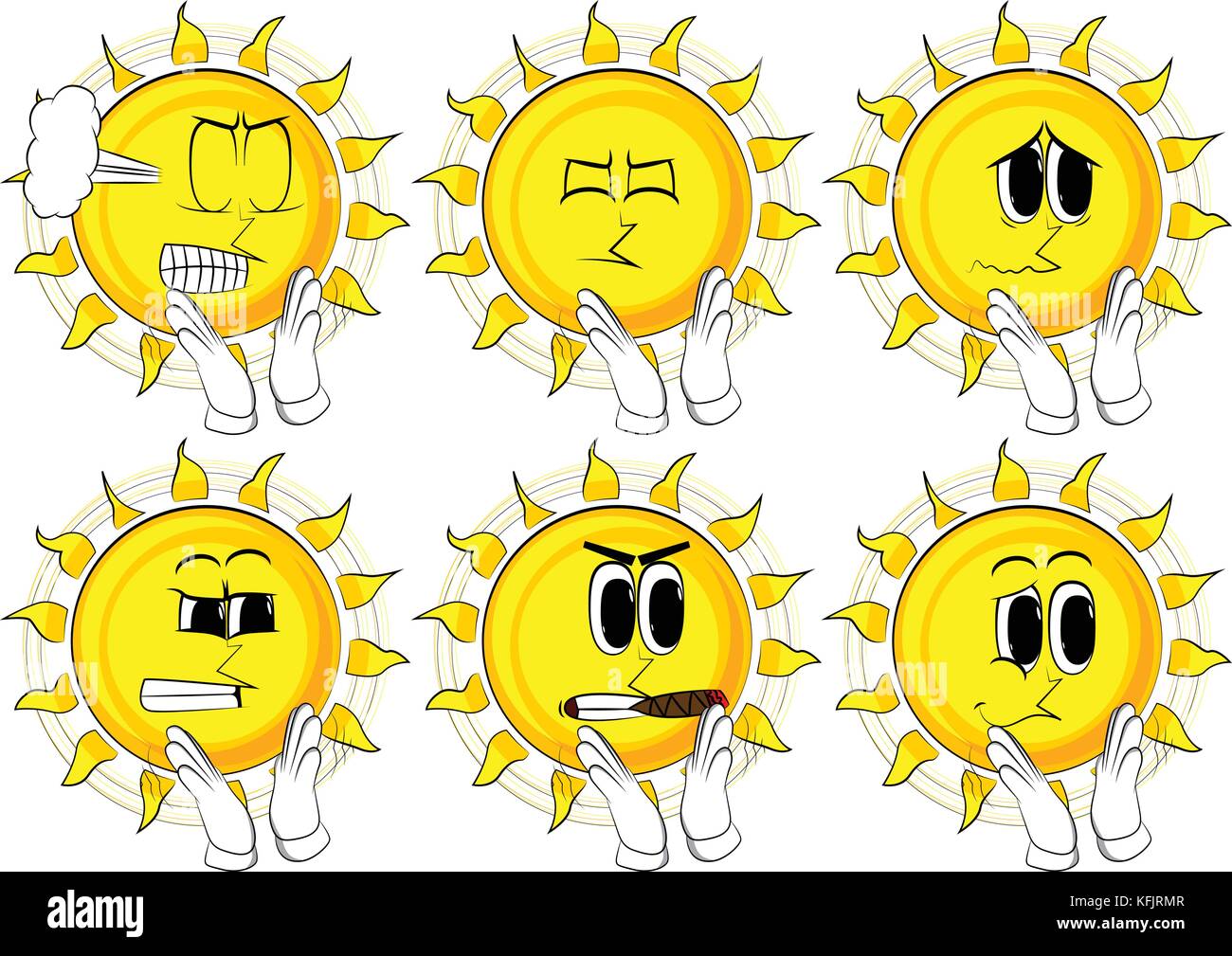Cartoon sun with clapping hands. Collection with sad and angry faces ...