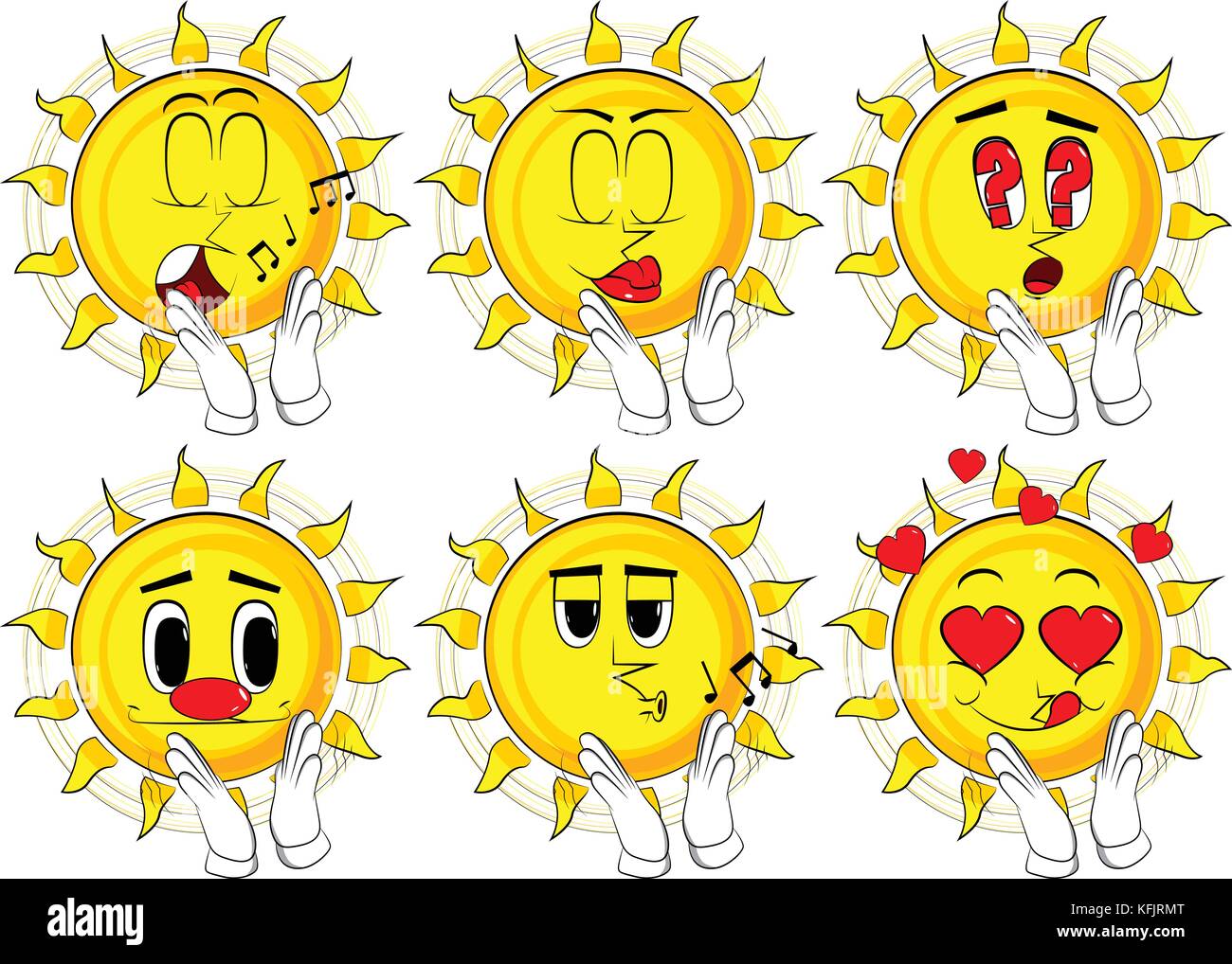 Cartoon sun with clapping hands. Collection with various facial ...