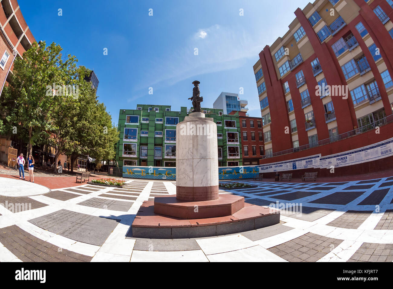Welcome Park with statue of Penn on a pedestal in the center ...