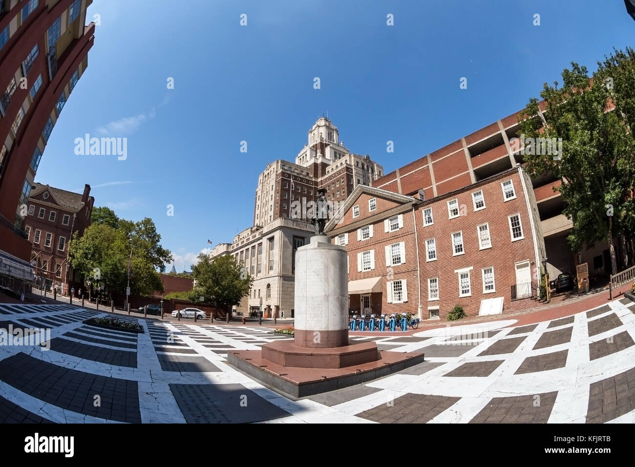 Welcome Park with statue of Penn on a pedestal in the center ...