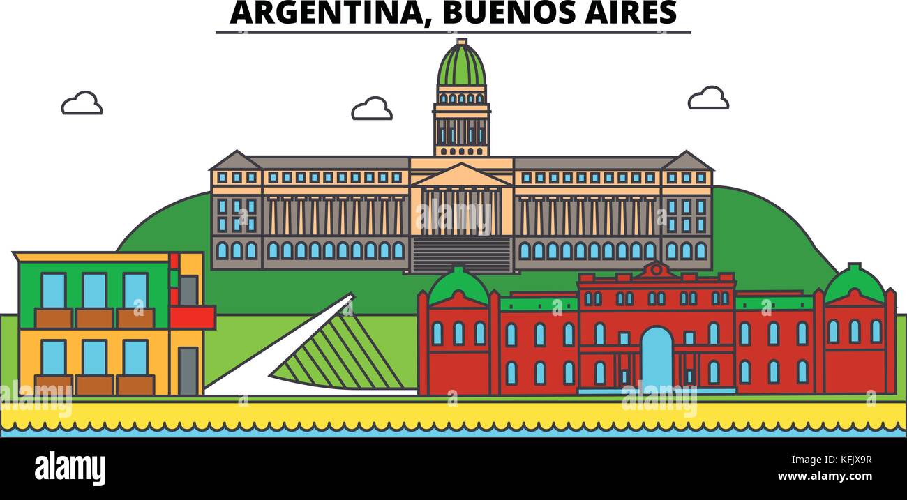 Argentina, Buenos Aires outline city skyline, linear illustration ...