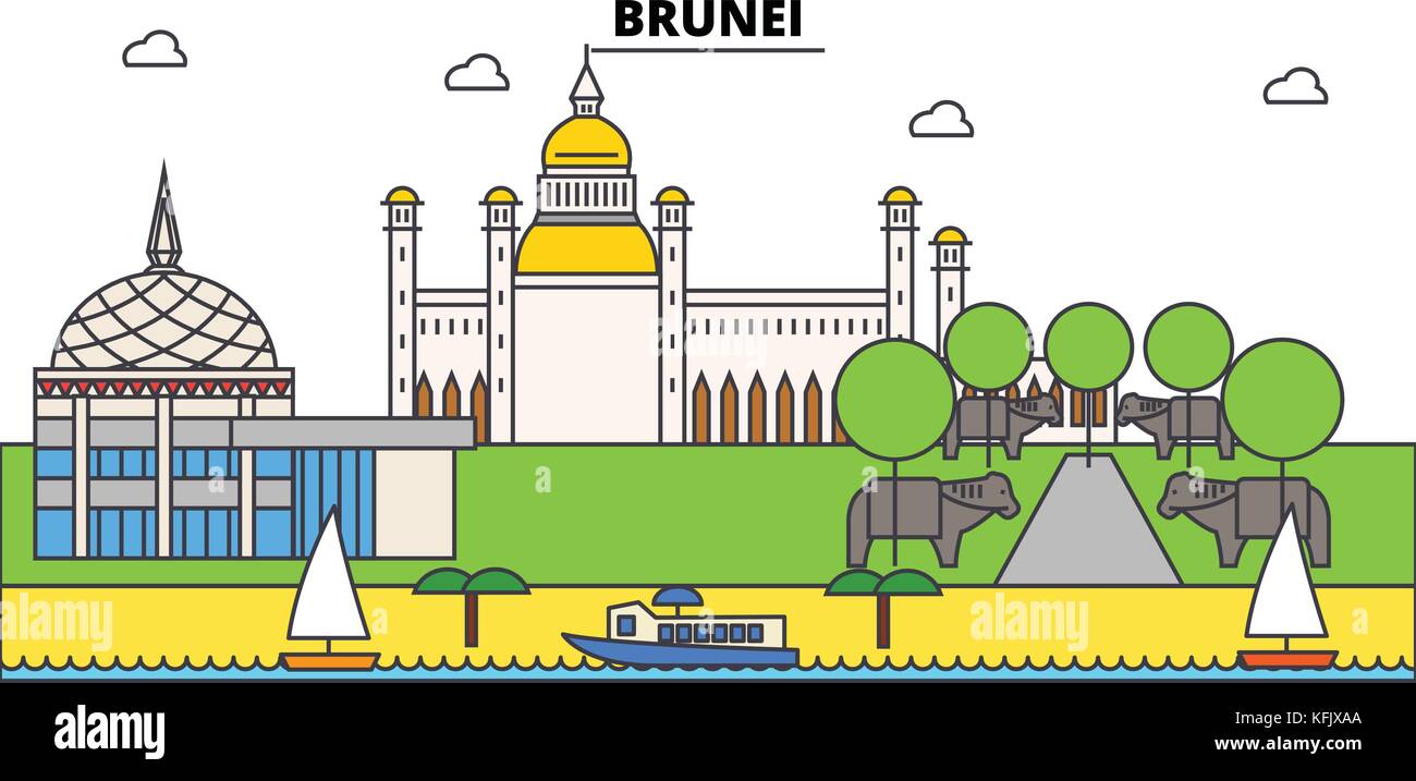 Brunei outline city skyline, linear illustration, banner, travel ...