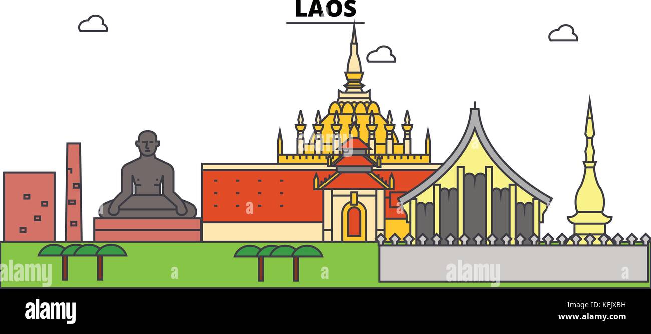 Laos outline city skyline, linear illustration, banner, travel landmark ...
