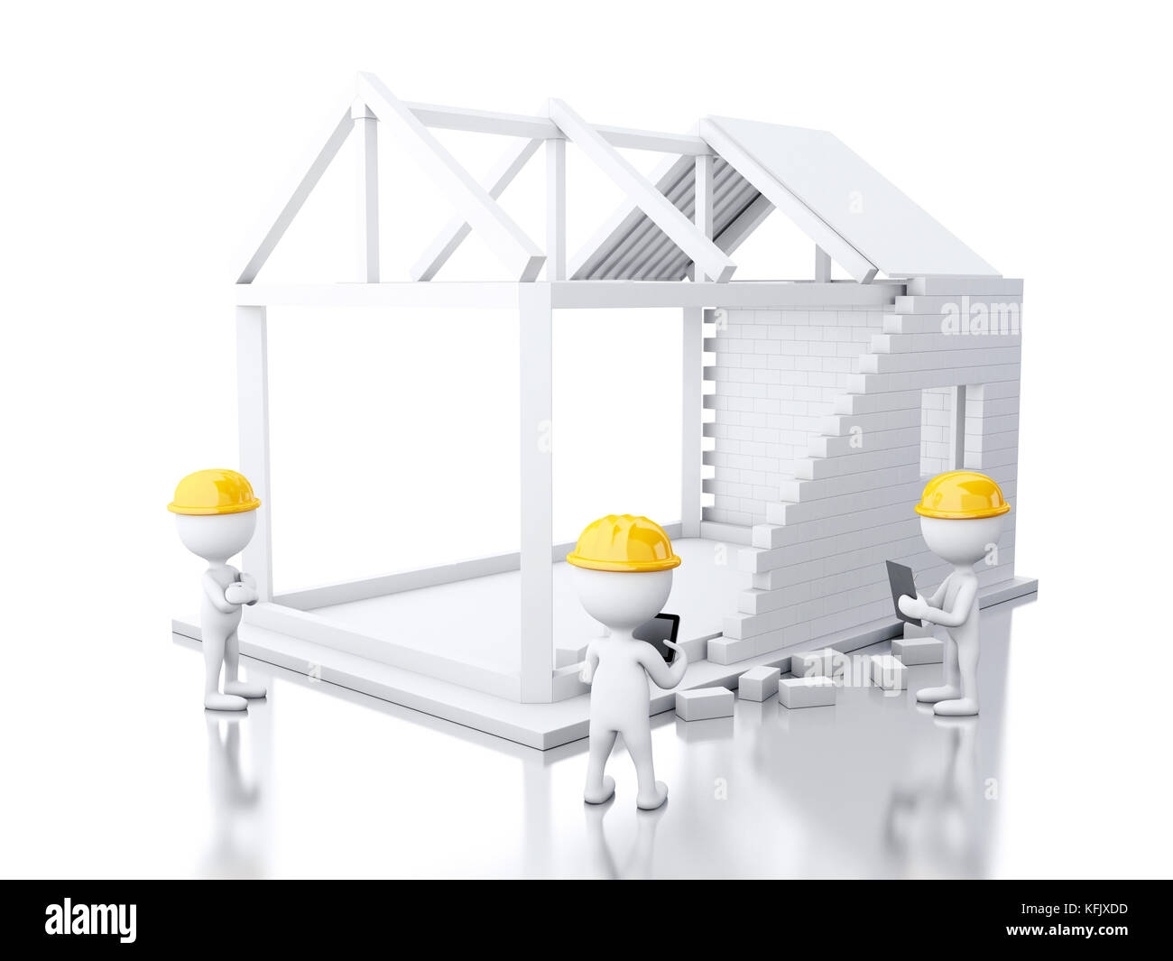 3d illustration. House under construction with builders. Construction ...