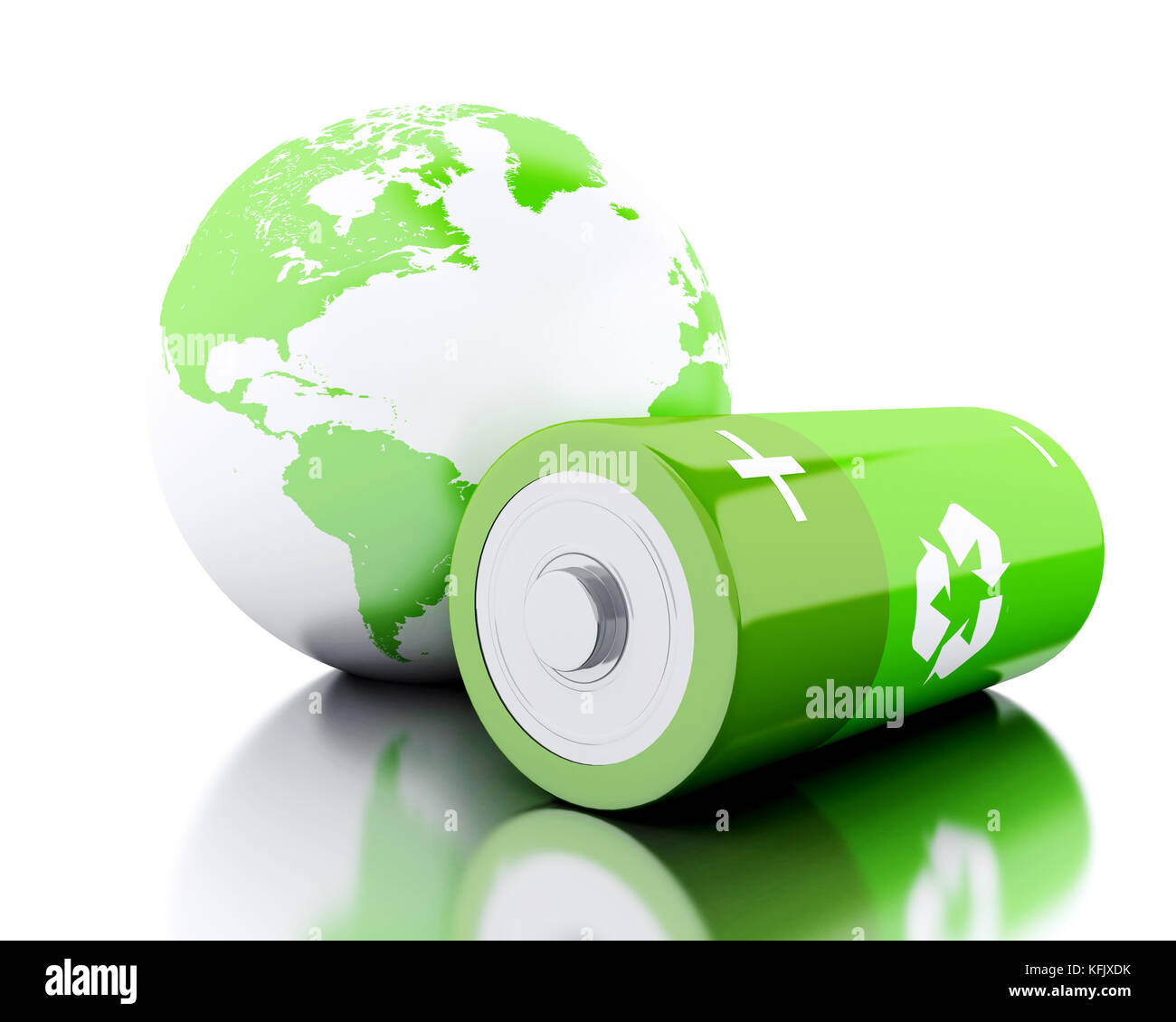 3d illustration. Green battery with recycling symbol and earth globe ...