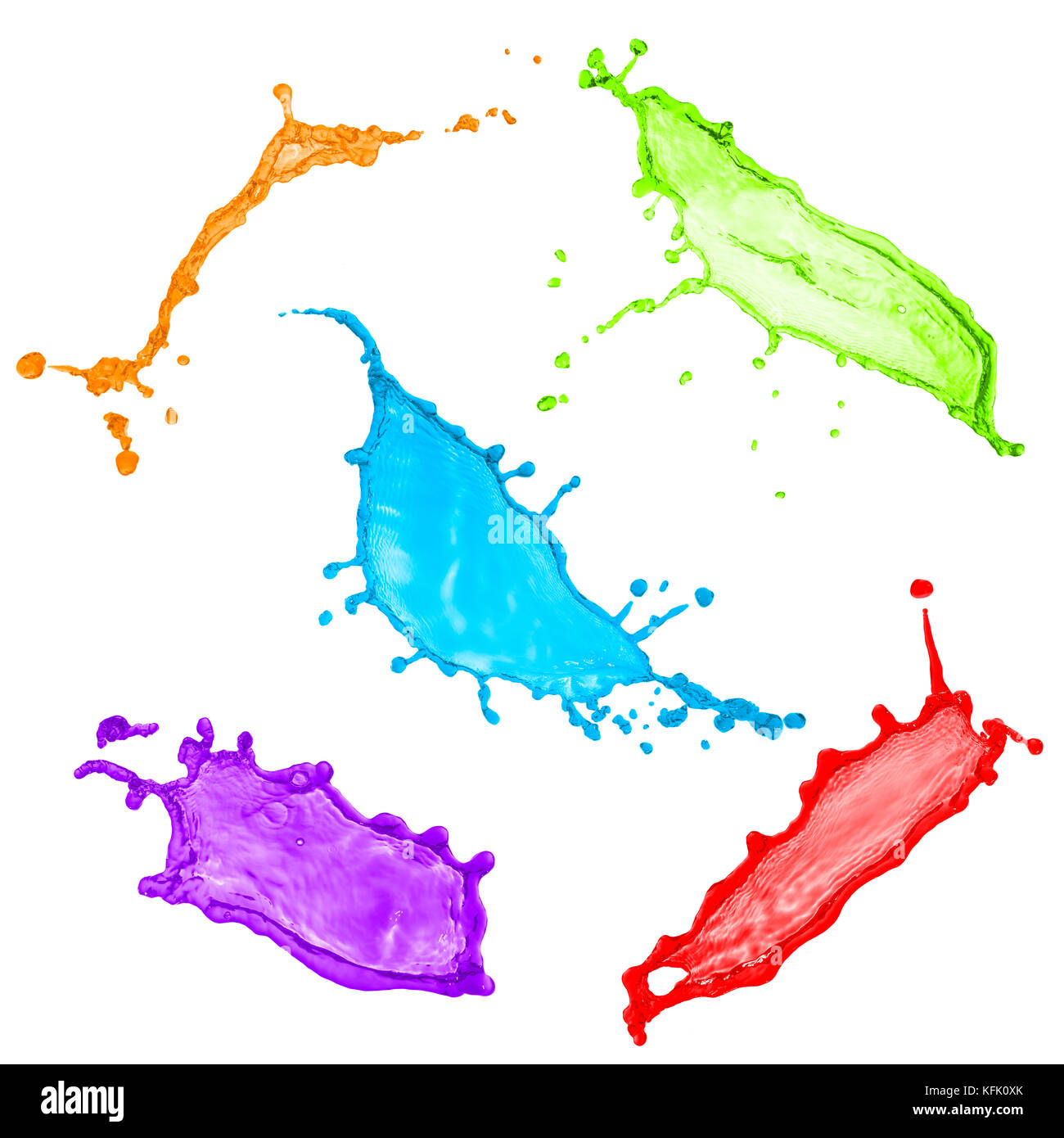 collection of flying beautiful color liquid splashes over white ...