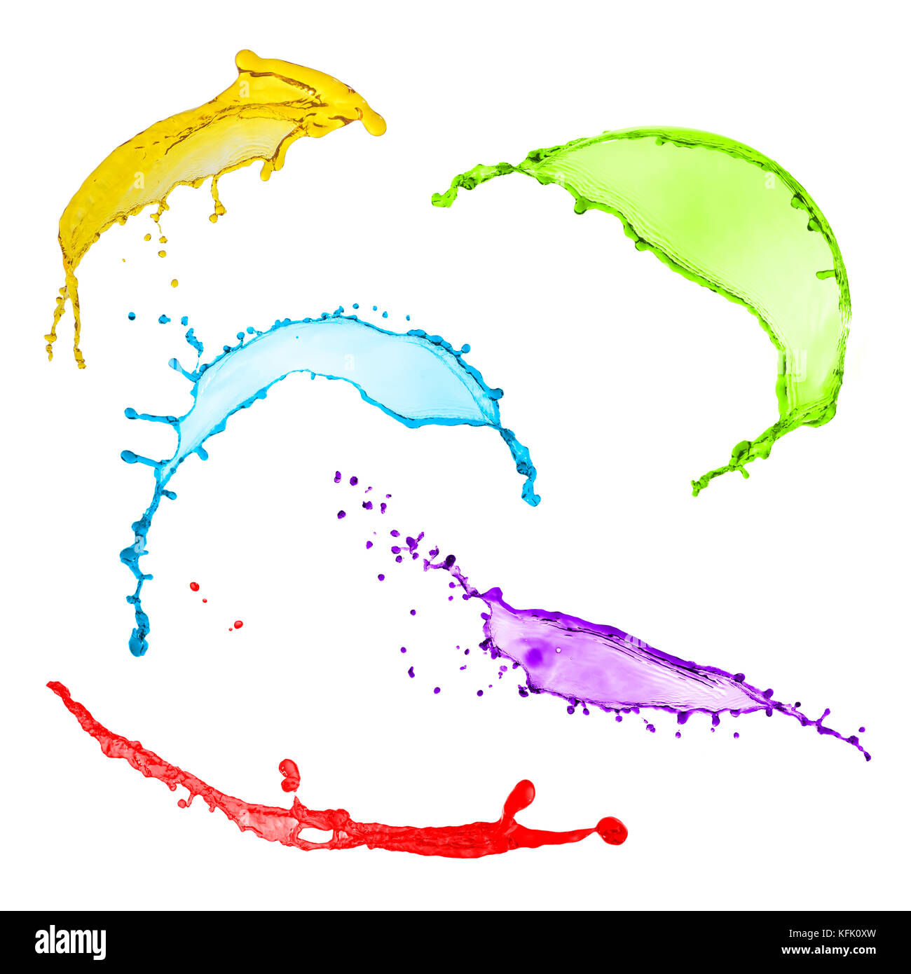 collection of flying liquid color splashes over white background Stock ...
