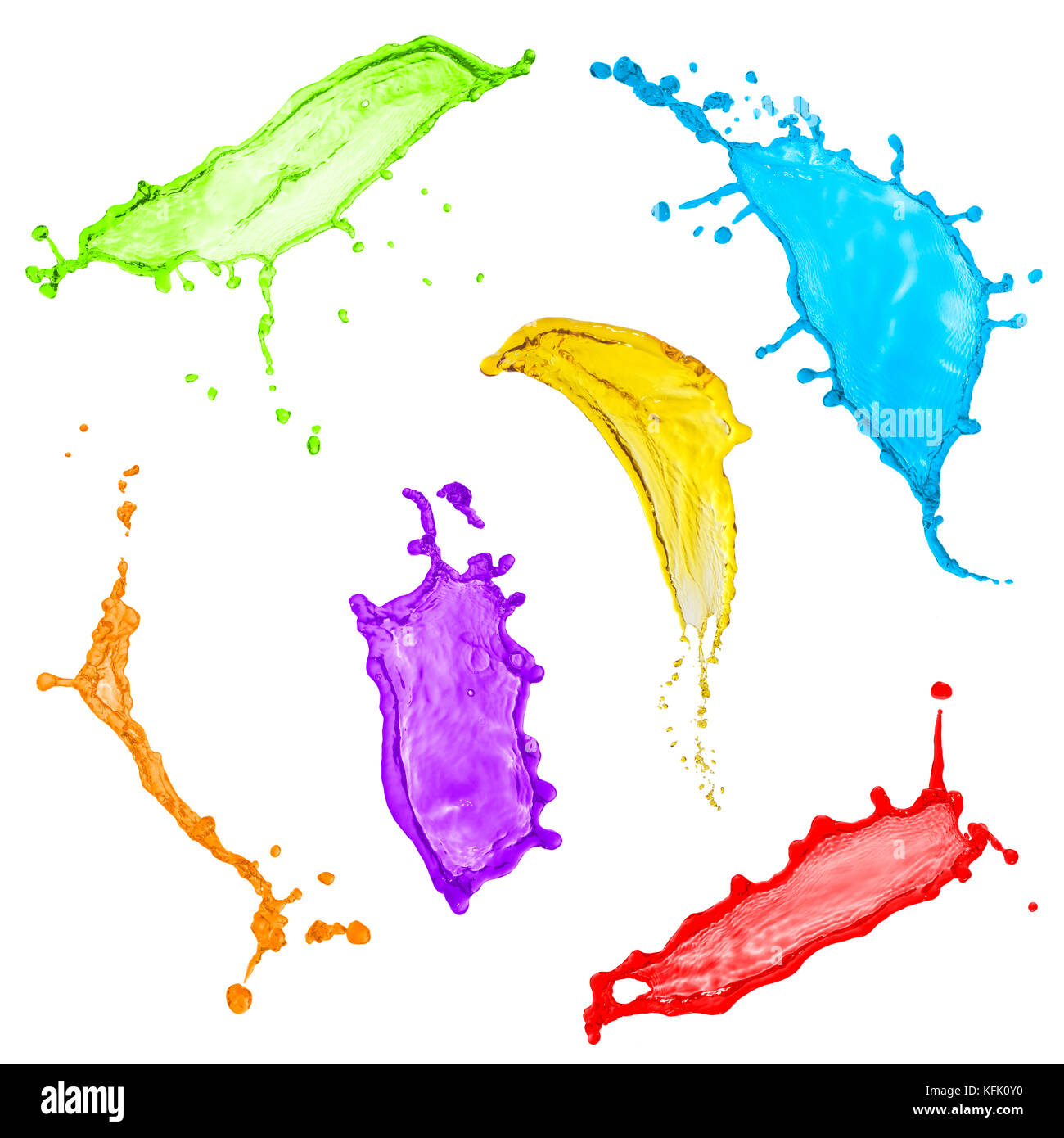 collection of flying liquid multicolored splashes over white background ...