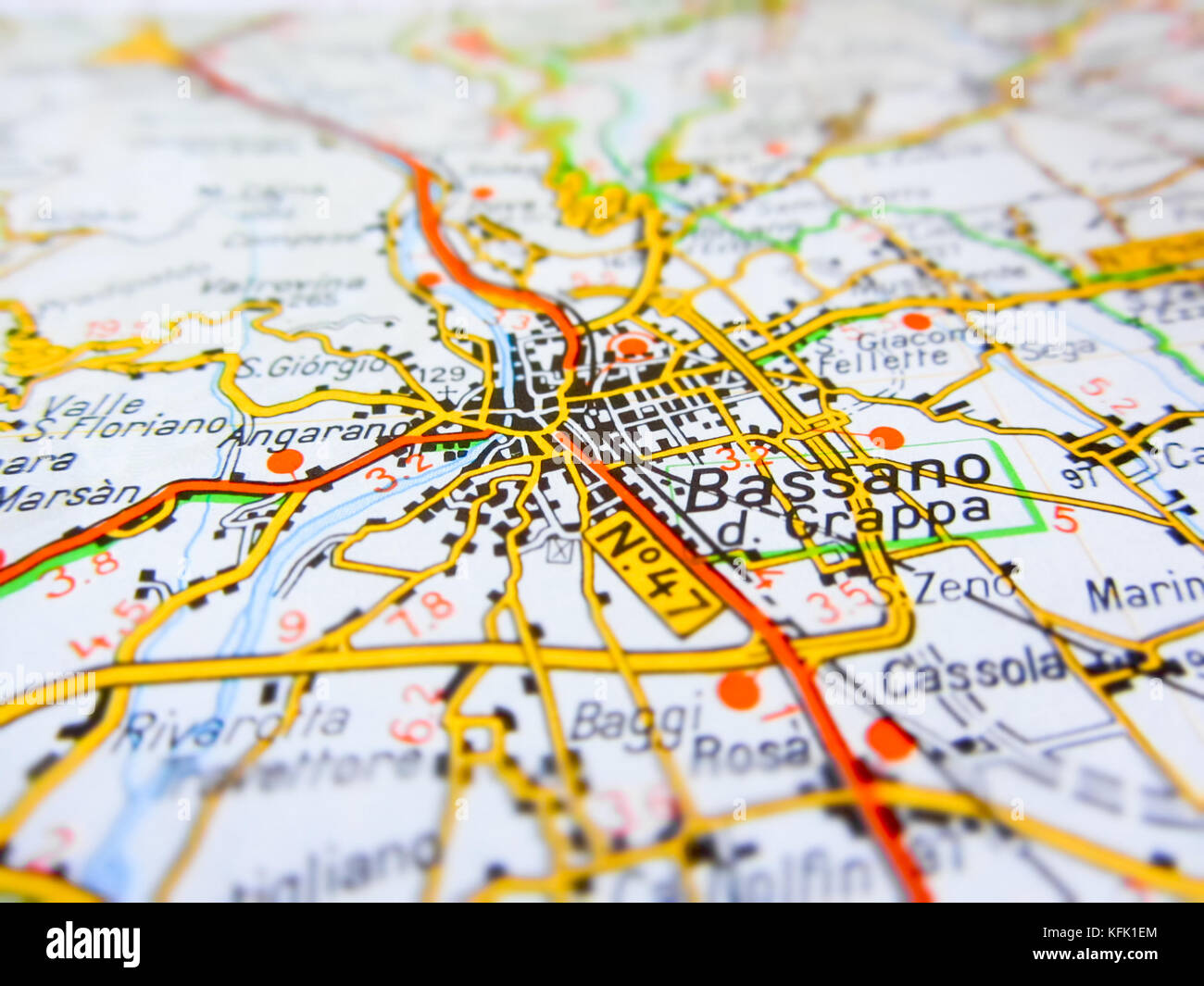 Bassano city over a road map (ITALY Stock Photo - Alamy