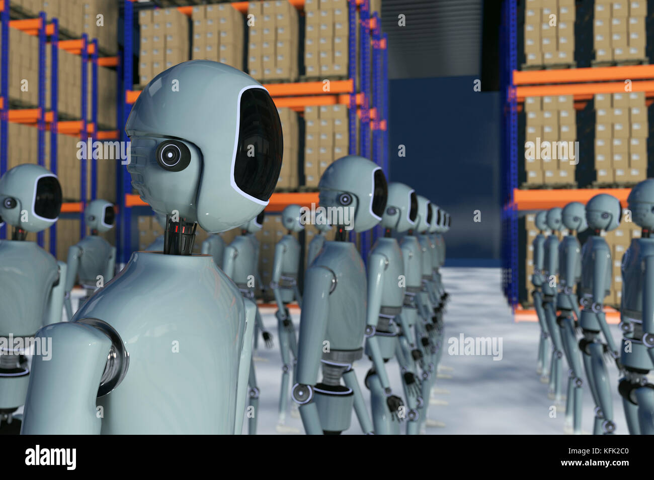 many robots in a large warehouse Stock Photo - Alamy