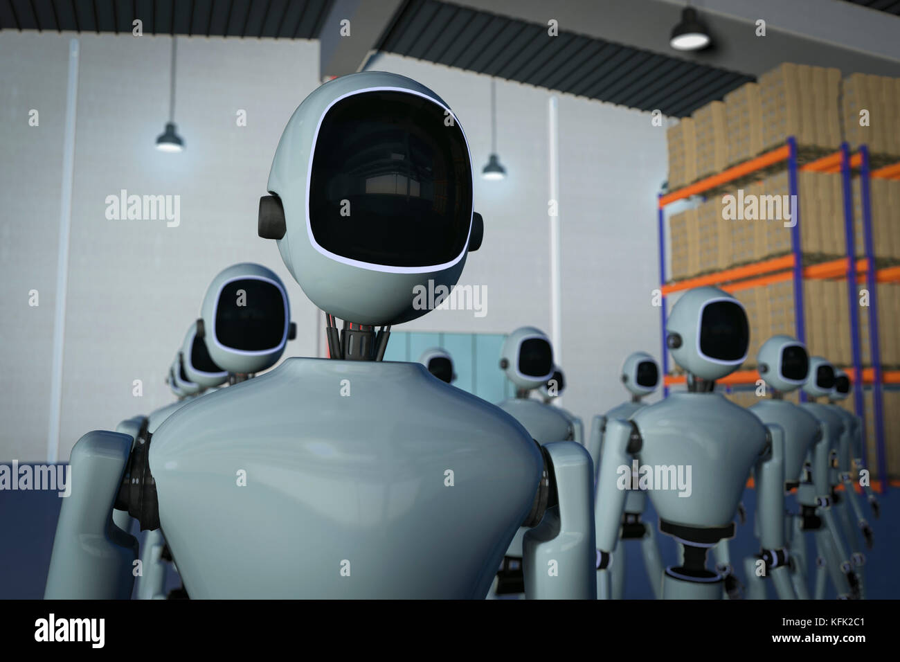 many robots in a large warehouse Stock Photo - Alamy