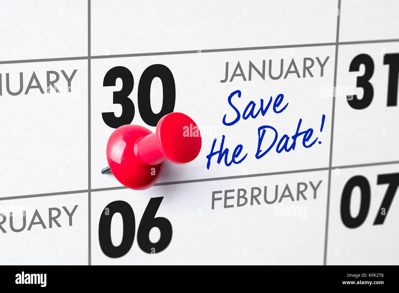 Wall calendar with a red pin - January 30 Stock Photo - Alamy