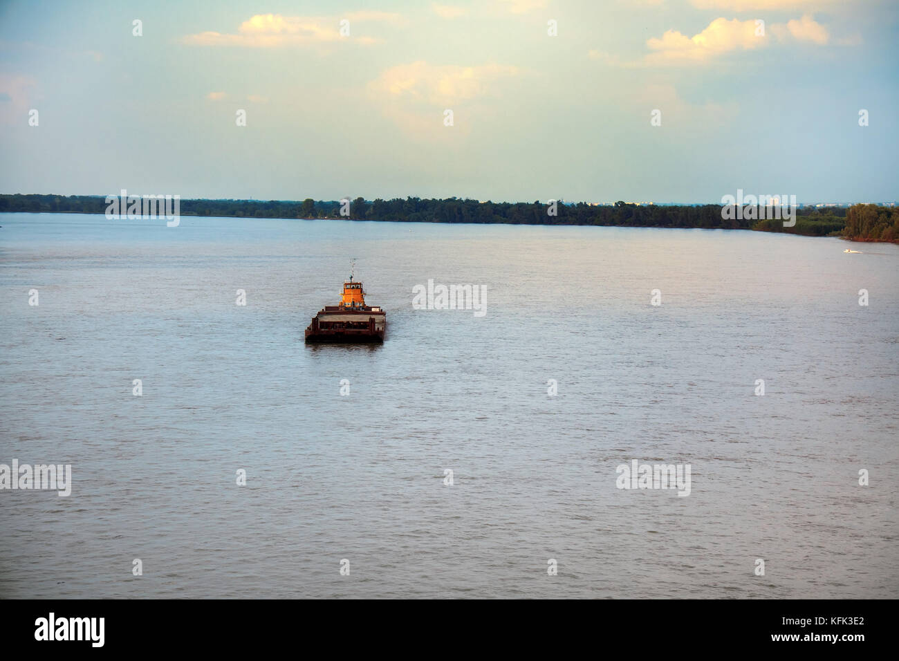 great Siberian Ob river in middle reaches. On river floats propelled ...