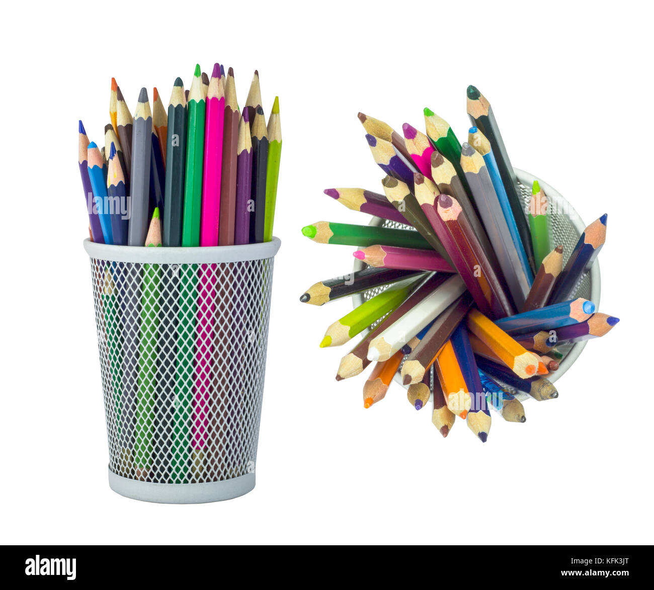 Set of color pencils in metal grid container Stock Photo - Alamy