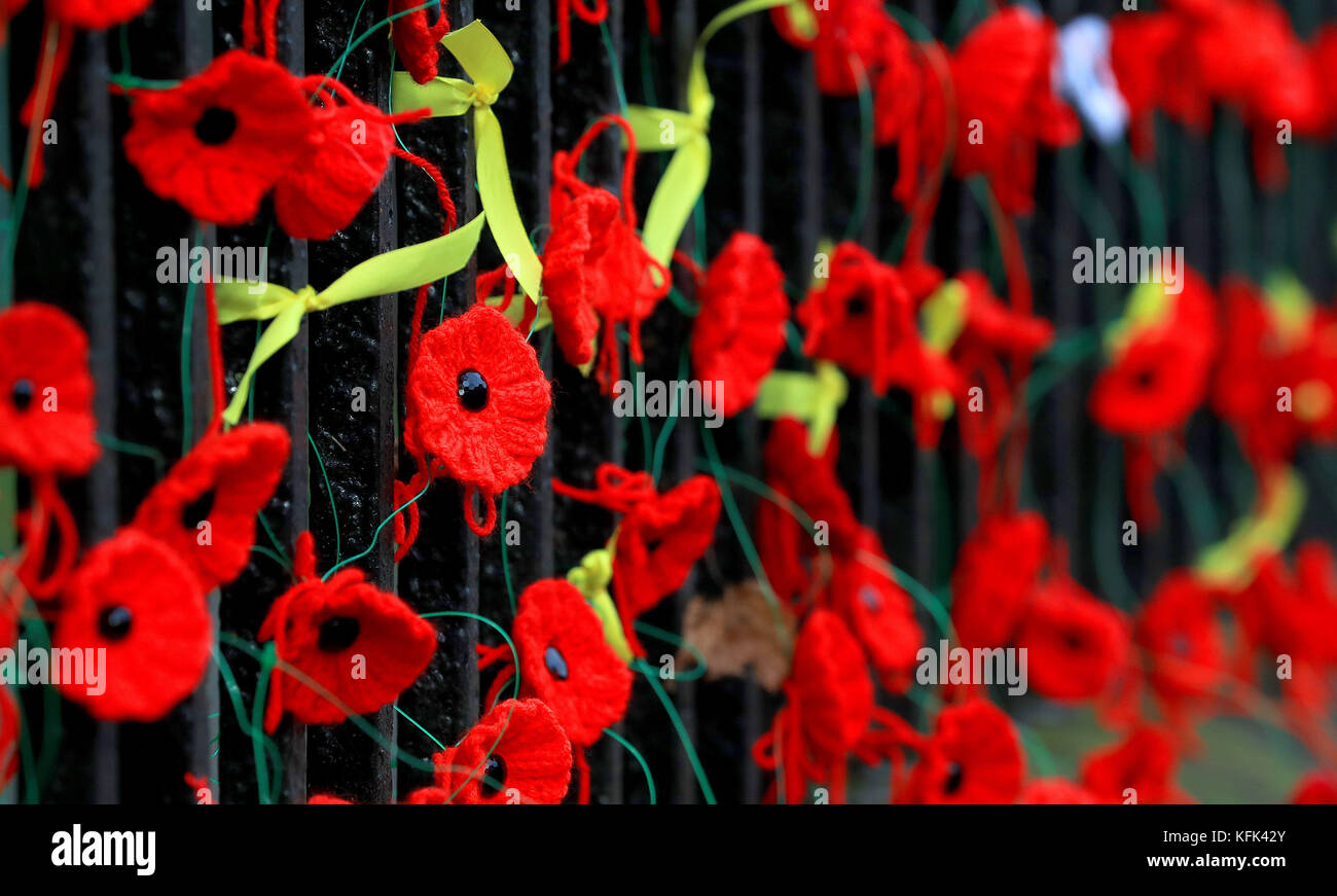 Knitted poppies and yellow ribbons placed outside Holy Trinity Church ...