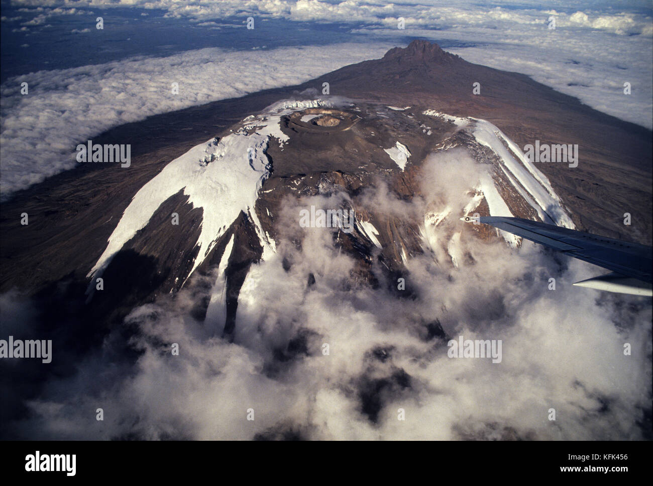 Snow at the peak of Mount Kilimanjaro, the highest point in Africa with ...