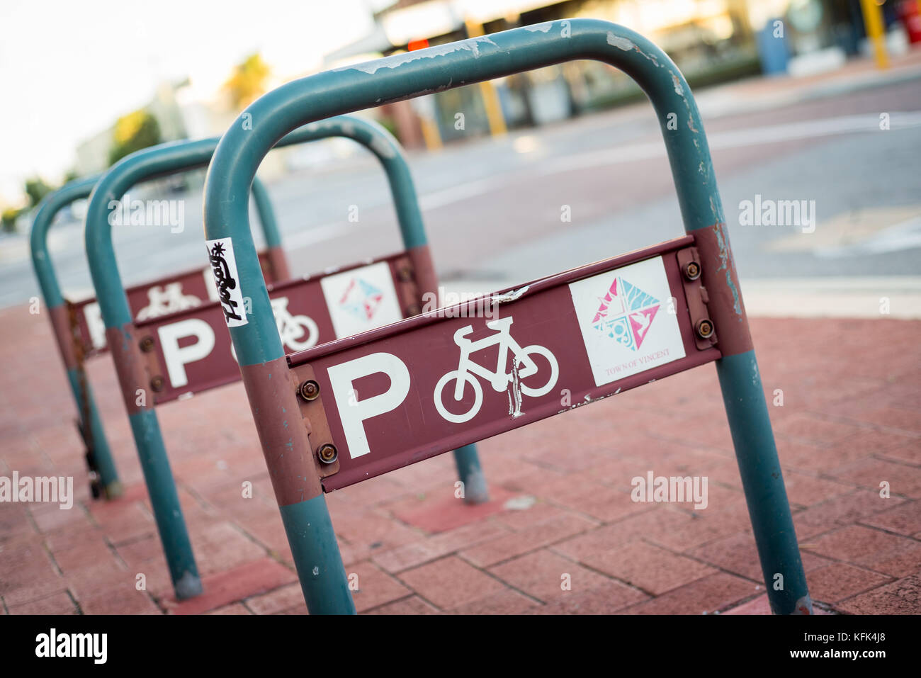A row of three bicycle racks in the suburb of Highgate in Perth ...