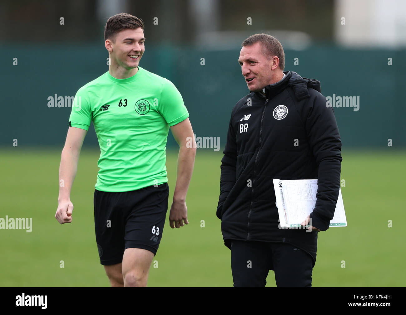Celtic manager Brendan Rodgers with Kieran Tierney during the training ...