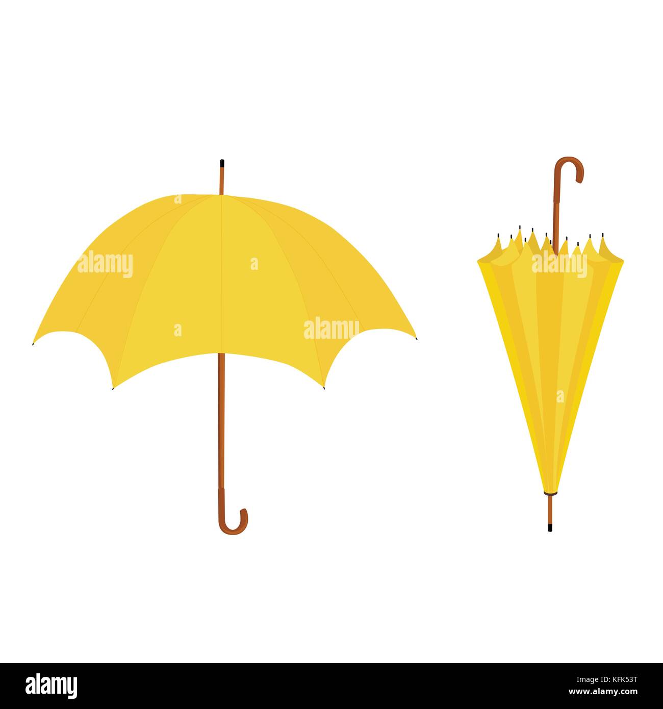 Set, collection of two yellow umbrellas opened and closed vector ...