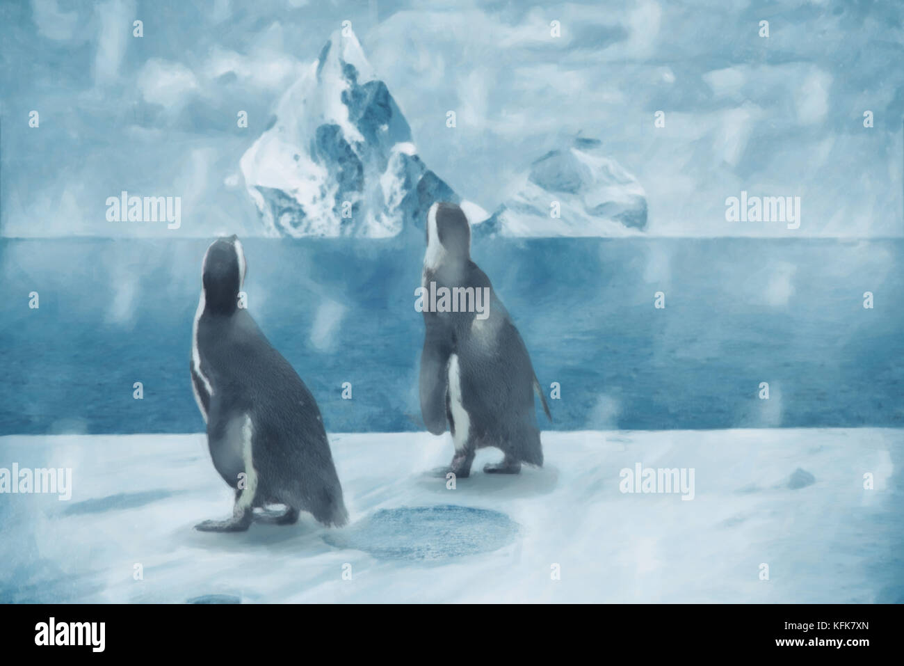 penguin in the snow and ice, storm with iceberg, drawn effect Stock ...