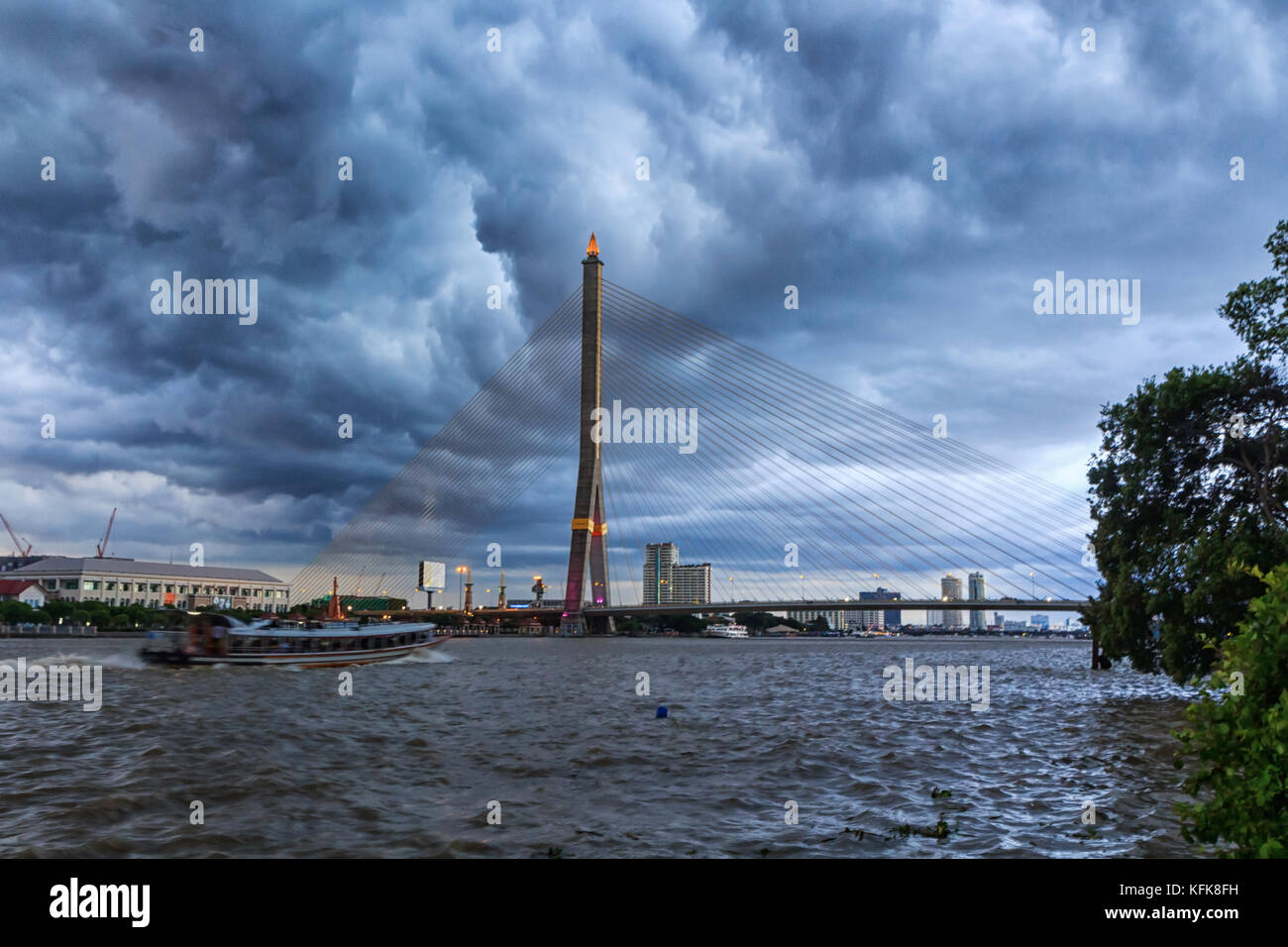 Big Suspension bridge with dark cloud / Rama 8 bridge in raining Stock ...