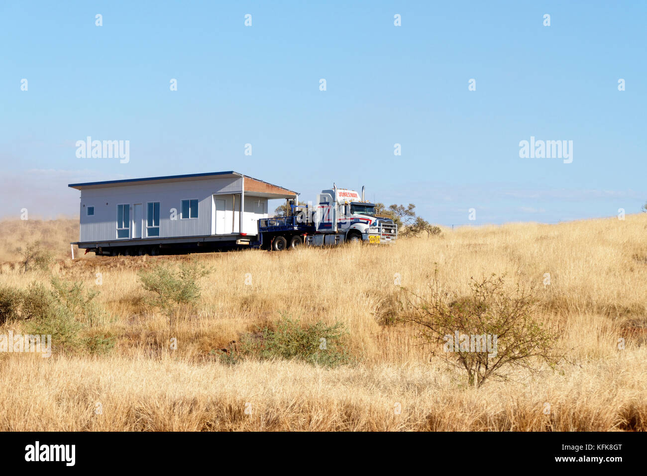 Transportable building on back of truck in Australian outback, Pilbara ...