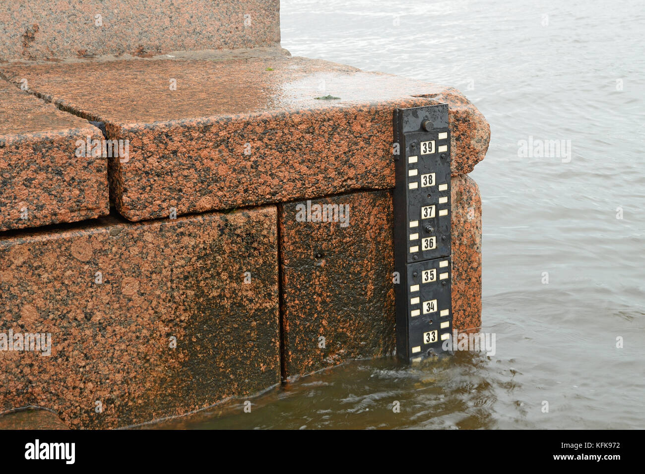 Scale of water level is established on the granite embankment of the ...